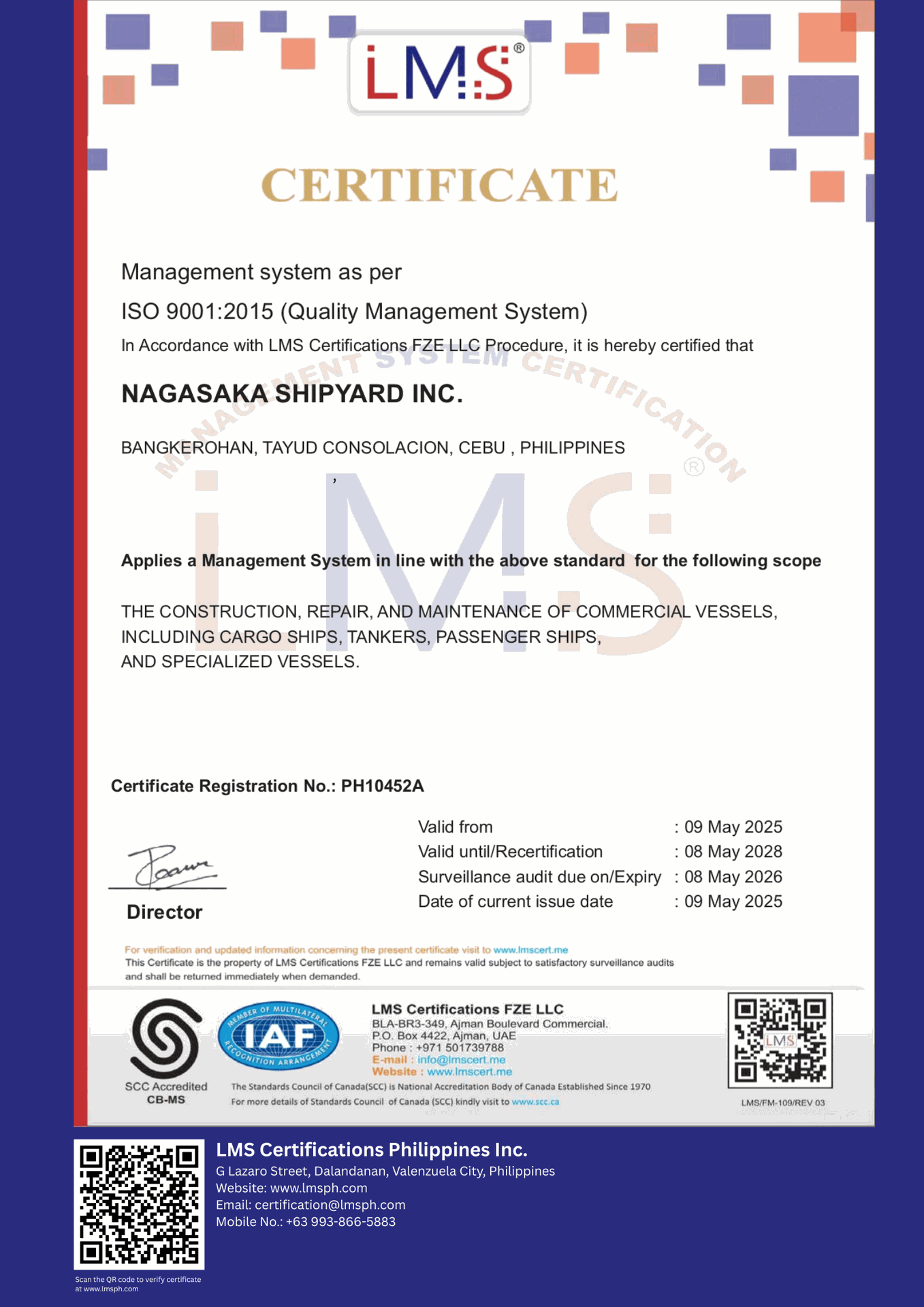ISO 9001:2015 Certification Nagasaka Shipyard Inc. | LMS Certifications ...