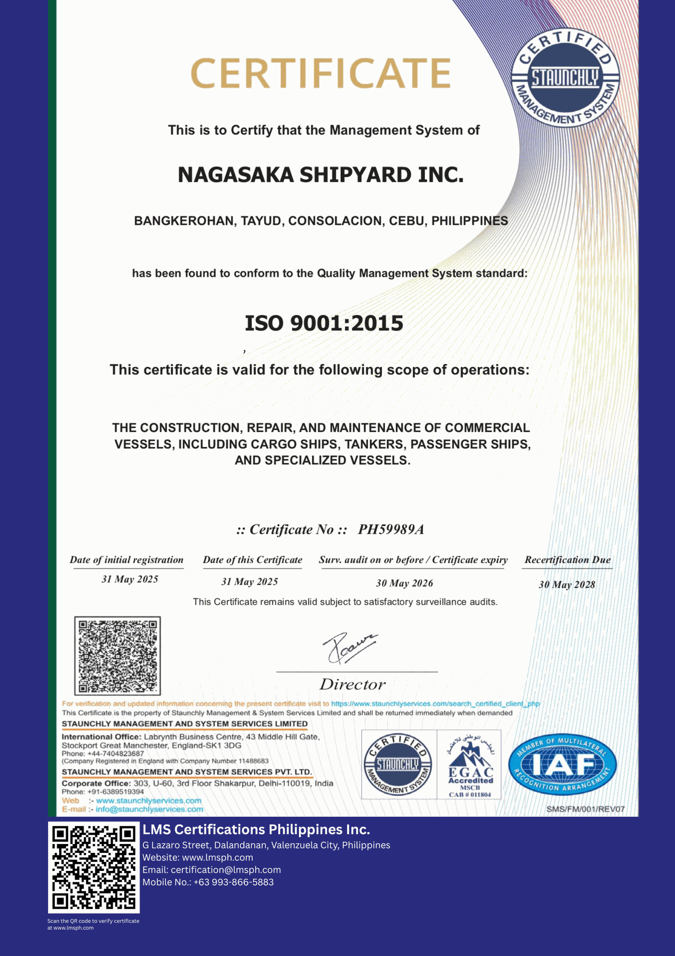 ISO 9001:2015 Certification Nagasaka Shipyard Inc. | LMS Certifications ...